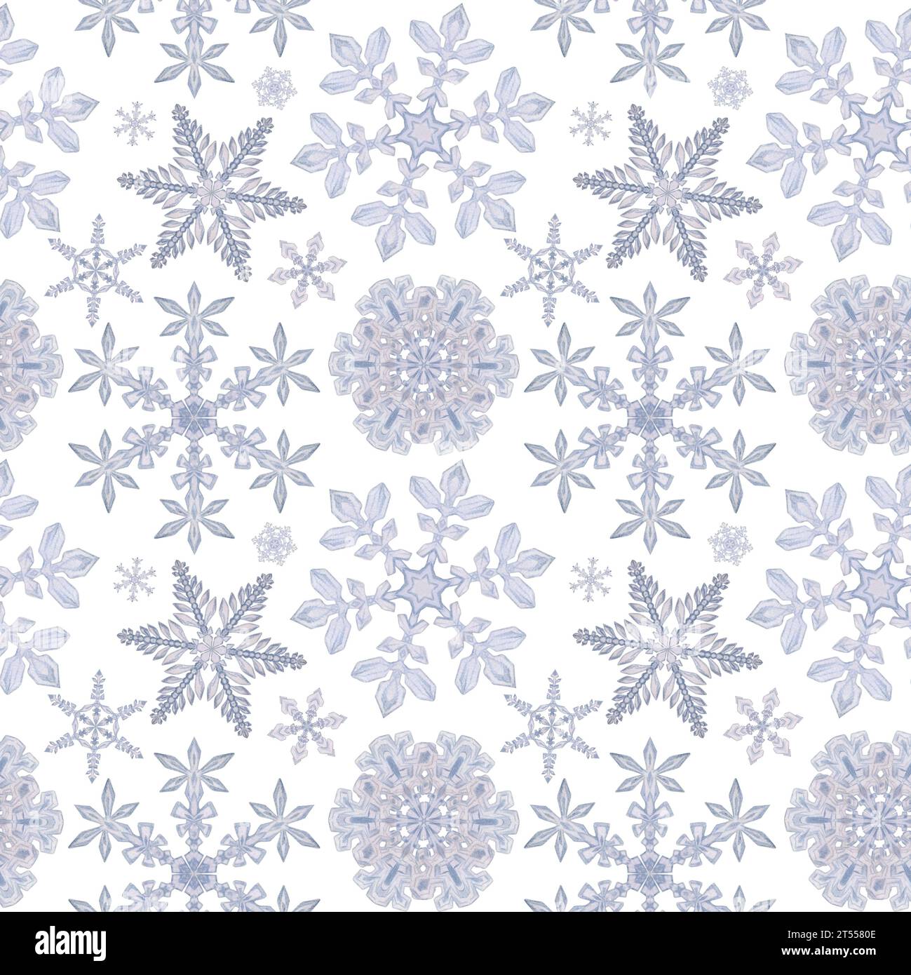 Hand drawn watercolor snowflakes, blue silver water ice crystals frozen ...