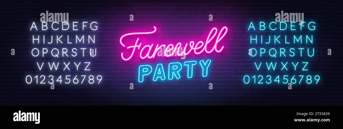 Farewell party neon lettering on brick wall background. White and blue ...