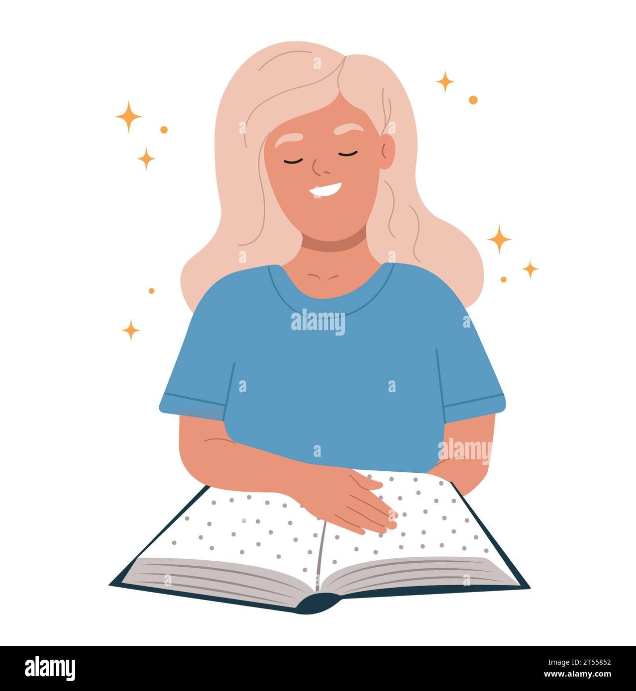 World Braille Day. A smiling blind person reads something in Braille ...