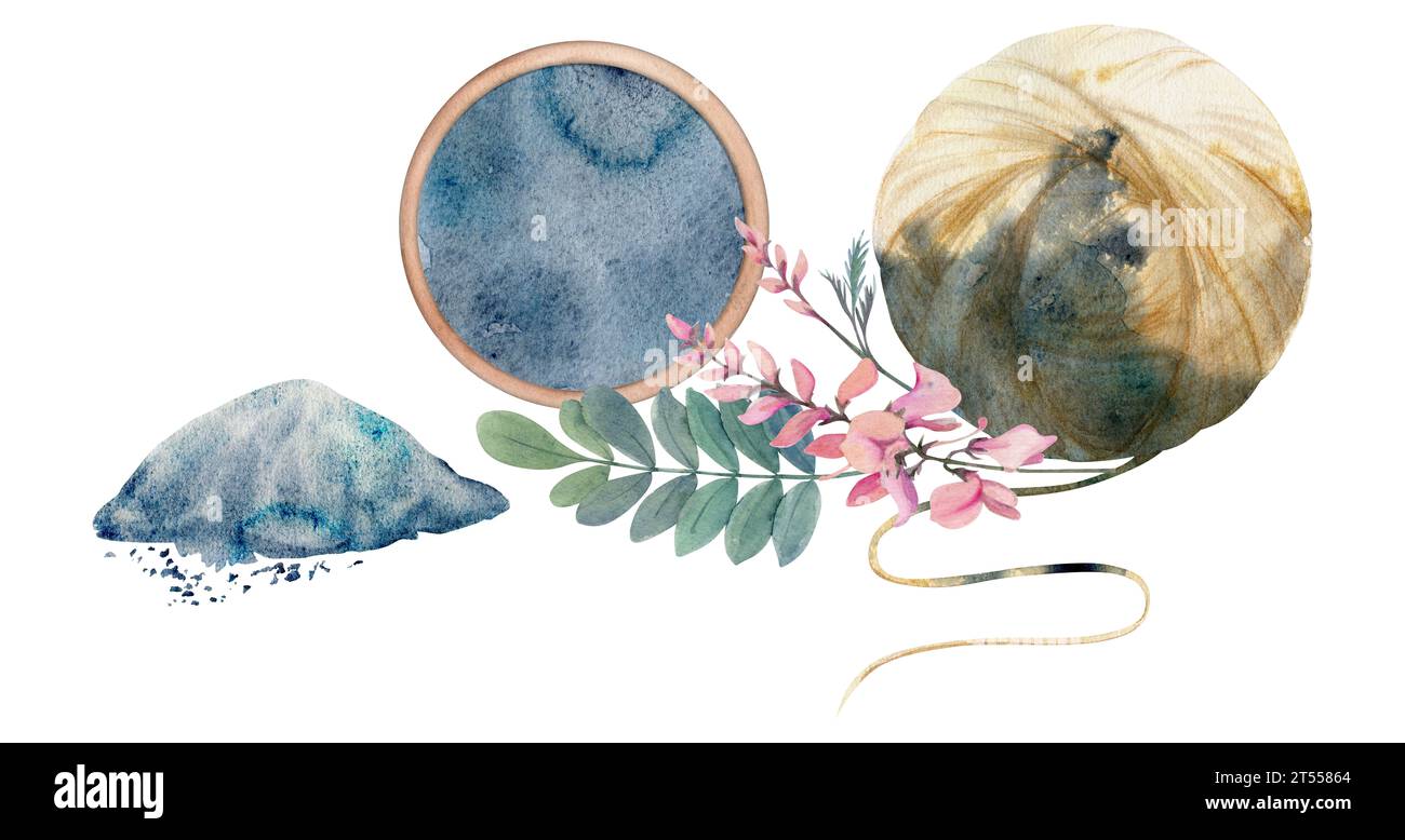 Hand drawn watercolor indigo coloring natural plant dye and materials ...