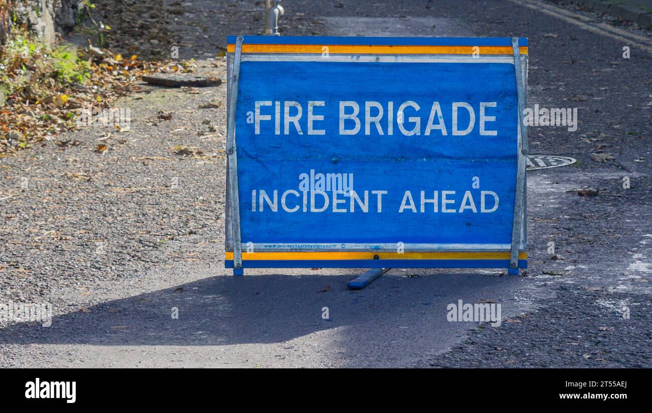Fire Brigade road closure sign due to incident blocking road Stock ...
