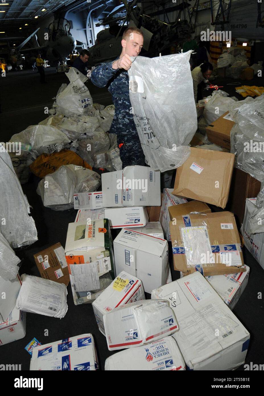 HANGAR BAY, Mediterranean Sea, Sailor, sorts mail, U.S. navy , USS ...