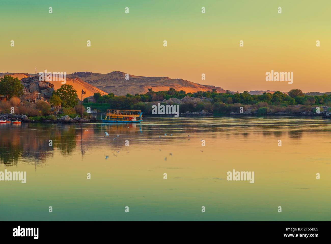 Picturesque dawn on the Nile River near the famous Nubian village ...