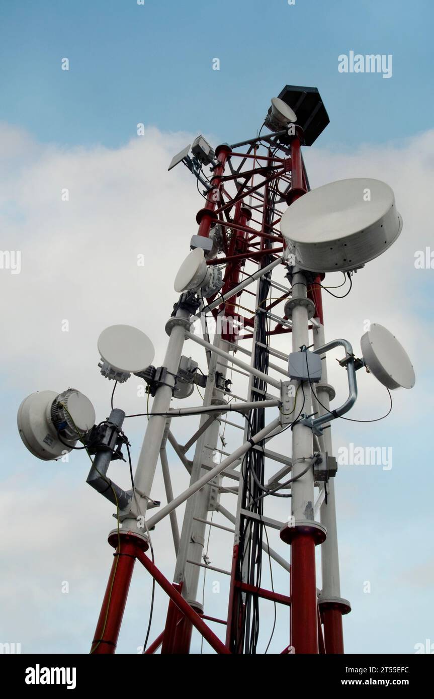 Telecommunication tower with microwave panel antennas, remote transmitter units, wireless ...
