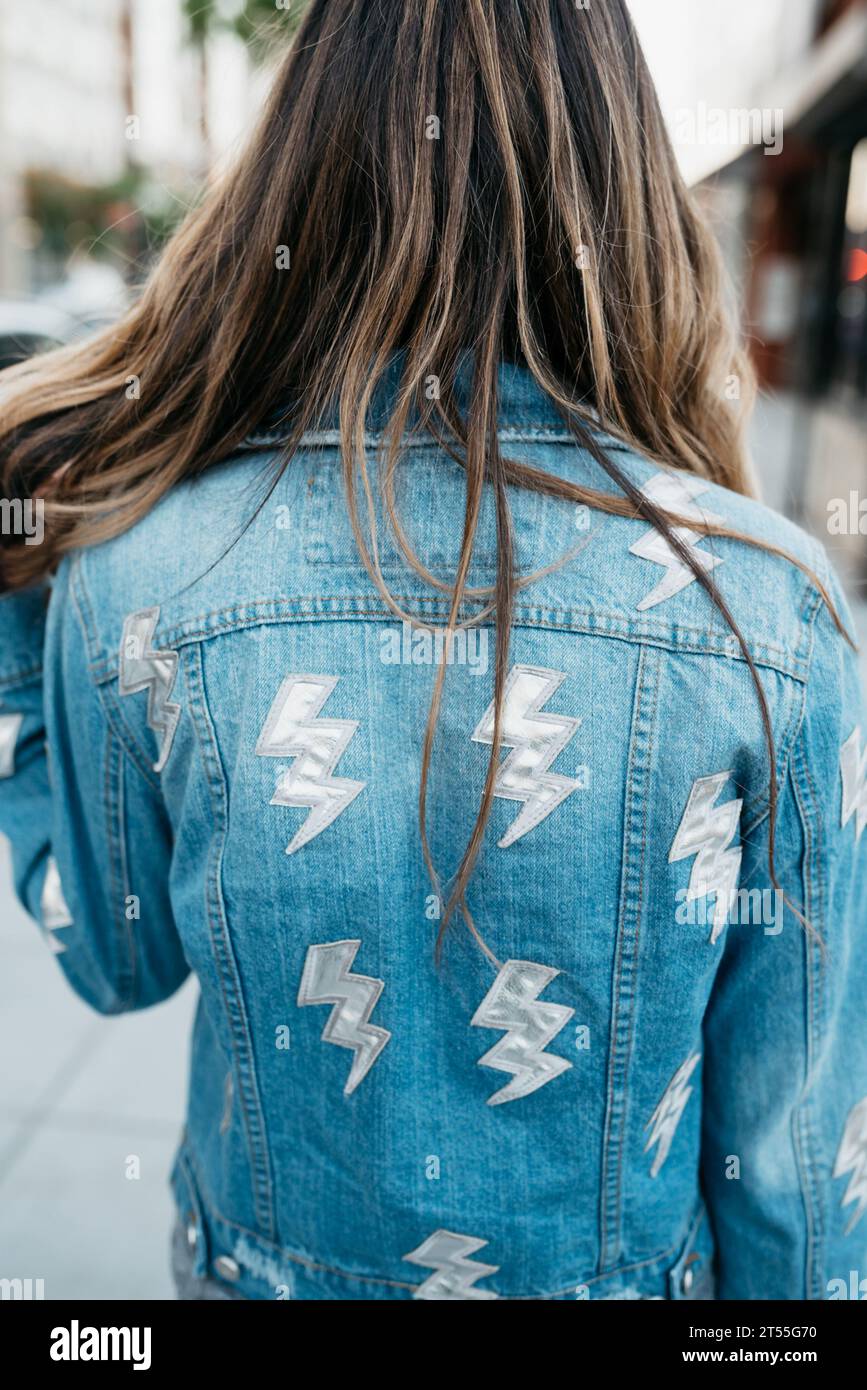 Close Up Denim Jacket with Lightning Bolts Stock Photo - Alamy