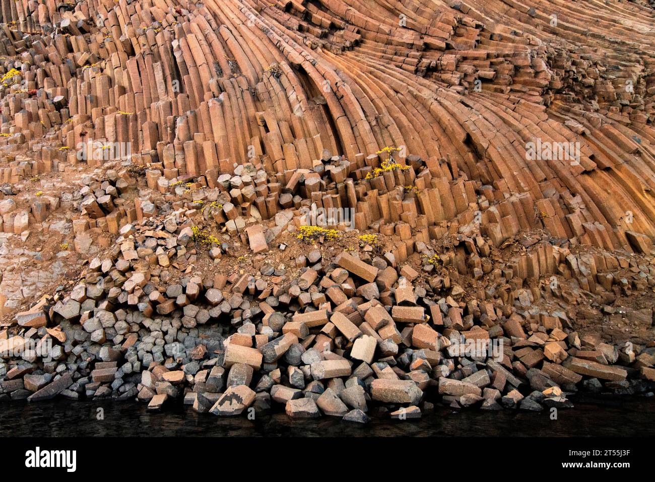 Basalt organ landscape on the Scoresby Sound coast, Greenland Stock ...