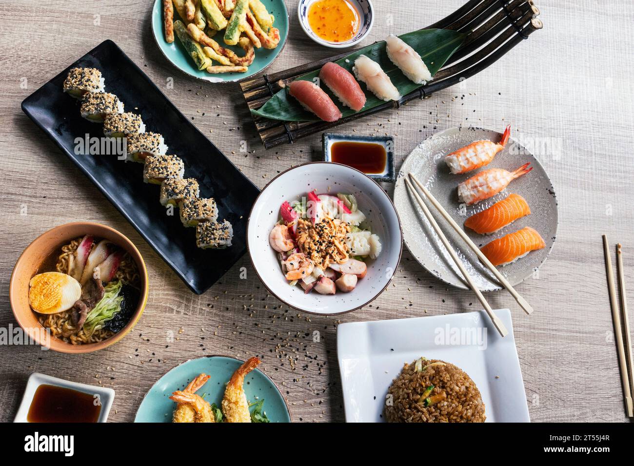 Overhead view asiatic food served on table of japan restaurant Stock ...