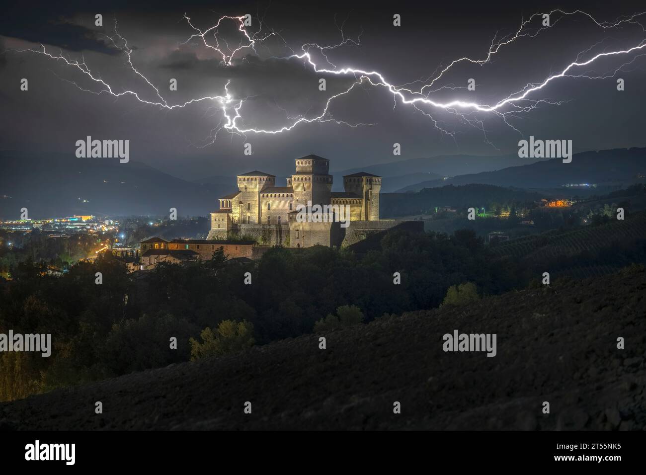Torrechiara Castle under the storm, province of Parma, Emilia Romagna ...