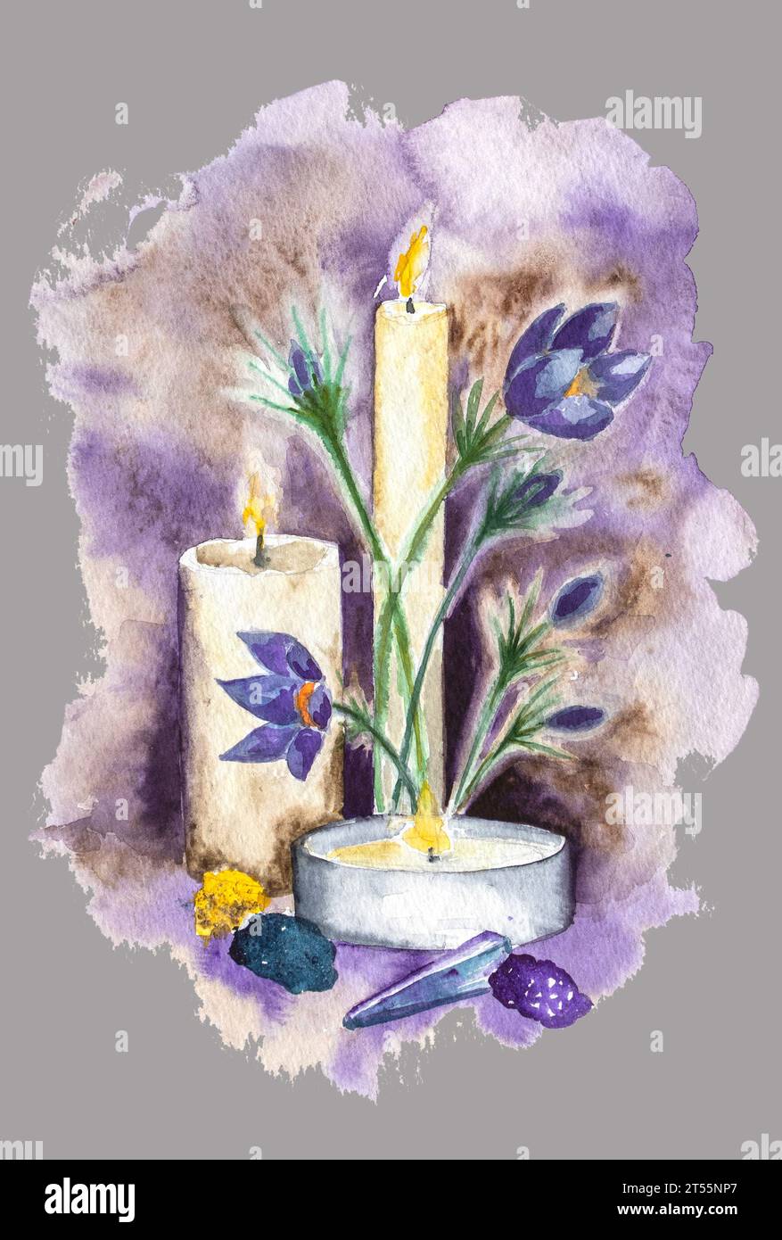 Watercolor illustration magic set with candles, stones and crystals ...