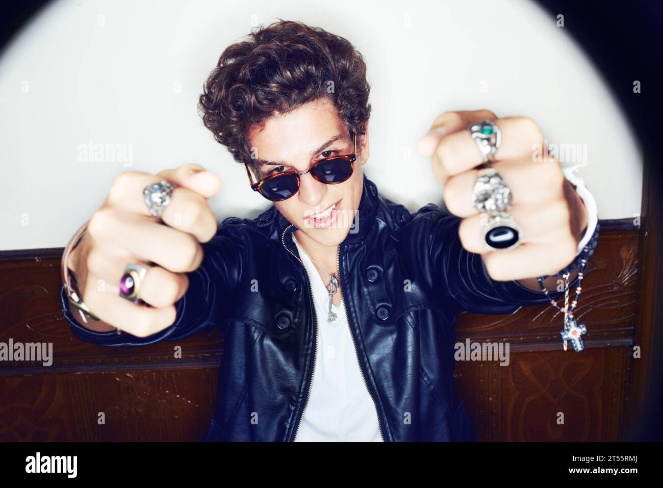 Man, rock and ring in portrait for jewelry, clothes or vintage leather ...