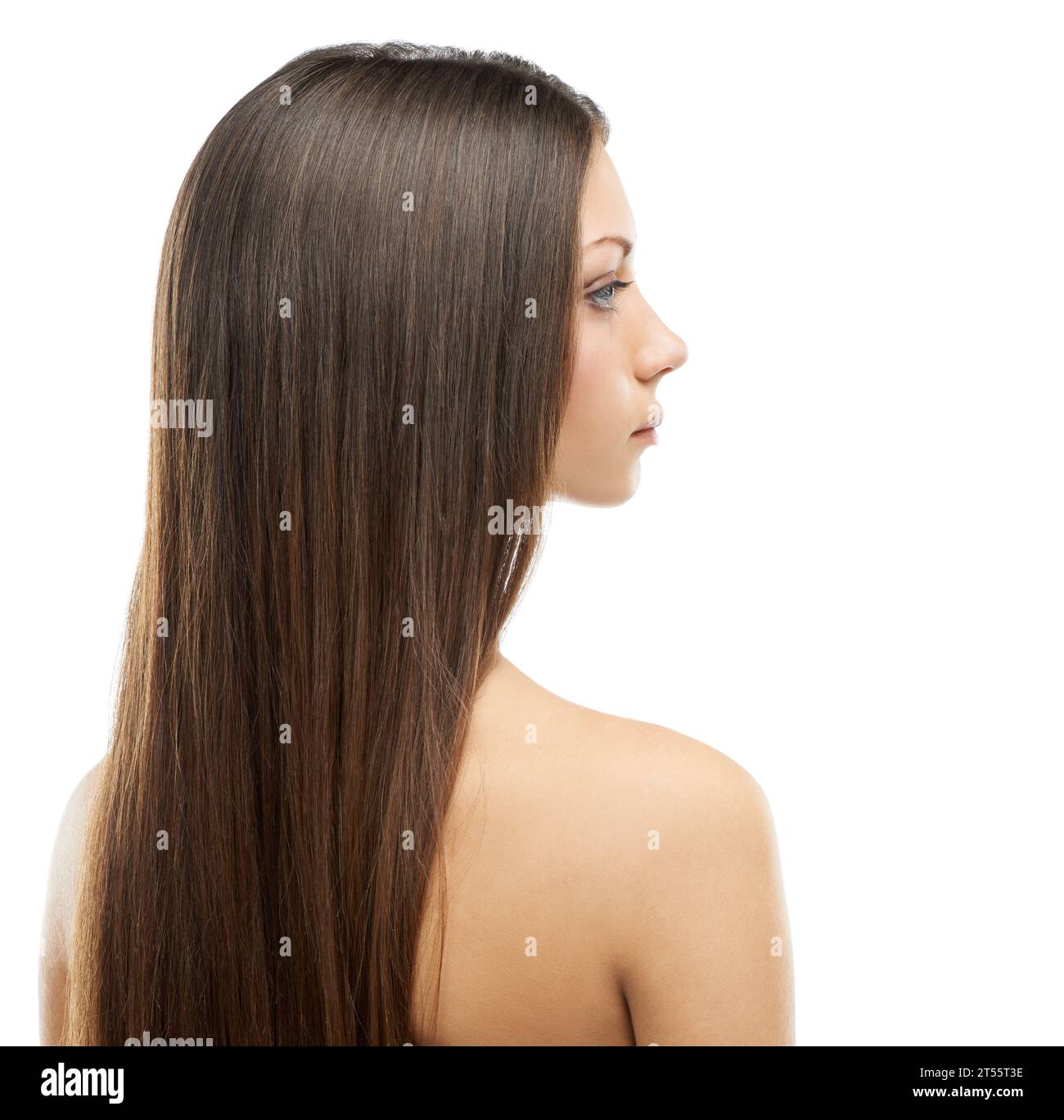 Beauty, haircare and profile of woman isolated in studio with salon ...