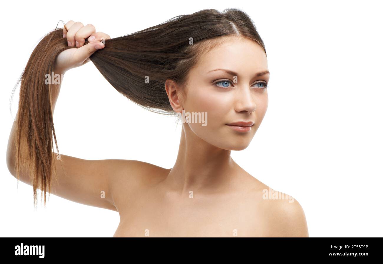 Beauty, strong hair and woman isolated in studio with salon hairstyle ...