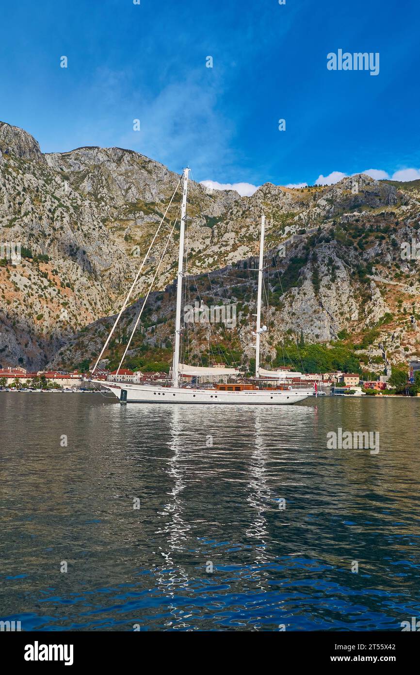 35m sailing ketch at anchor off Kotor with the Ladder of Kotor and The ...