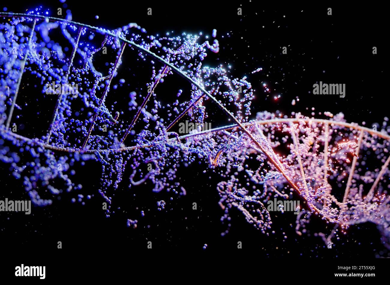 Chromosome spiral strand of DNA helix with blue neon light particles.3D ...