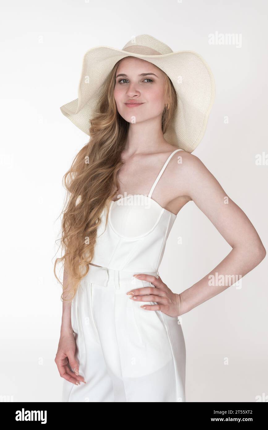 Portrait of European fashion model wearing her new clothes, to dress up ...