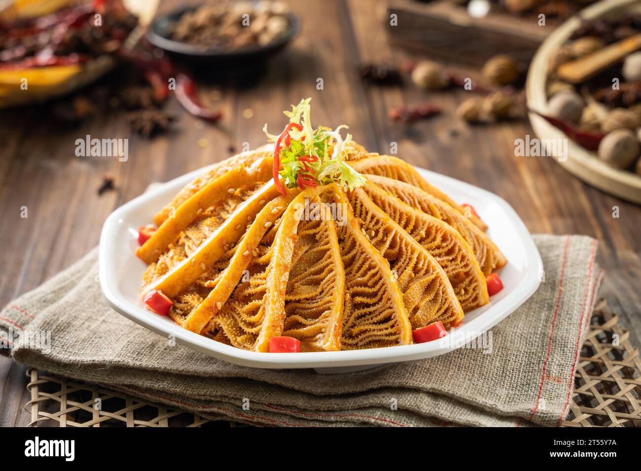 Marinated Steaming beef tripe stew in restaurant，braised beef tripe, lo ...