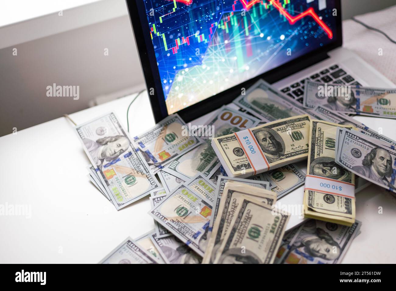 Closeup dollar banknote with screen stock exchange data graph ...