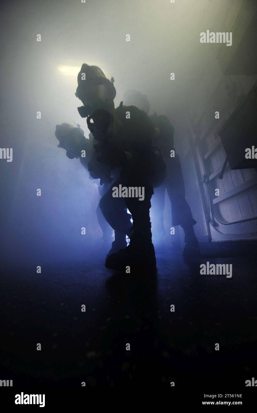 mid-ship quarterdeck, simulated firefighting exercise, SMOKE, U.S. navy ...