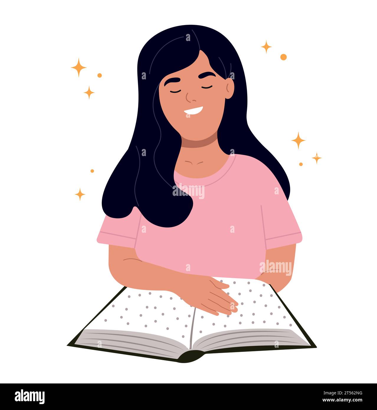 A smiling blind person reads something in Braille. International Day of ...