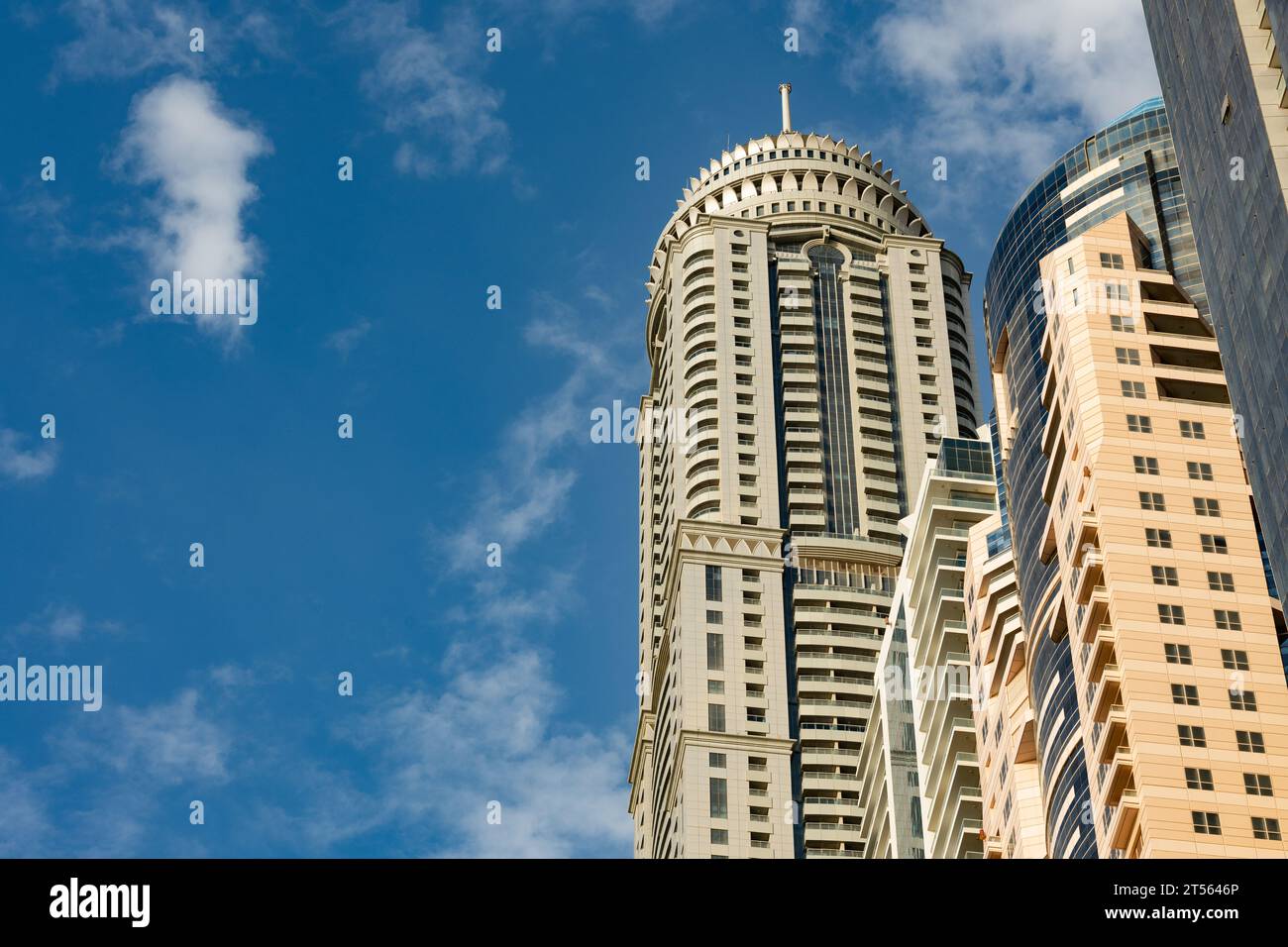Close-up view of some modern skyscrapers and towers in Dubai Marina ...