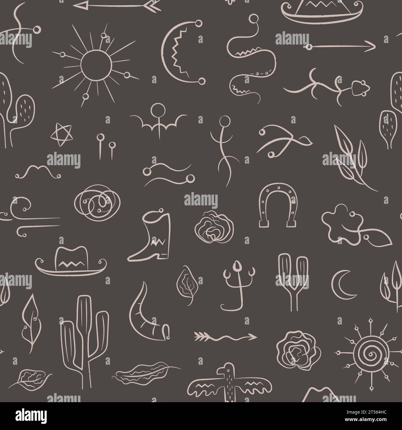 Western hand drawn line elements seamless pattern. Wild west ethnic ...