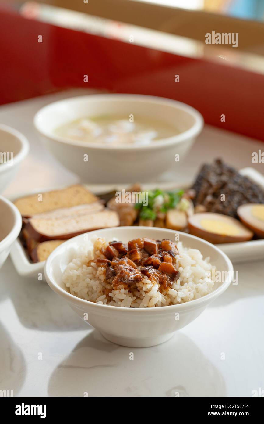 Braised meat rice, stewed pork over cooked rice in Taiwanese restaurant ...