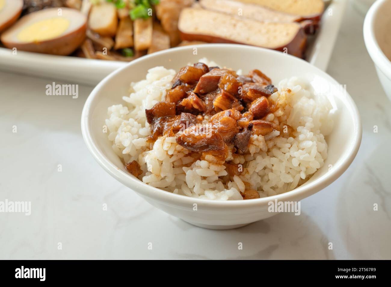Braised meat rice, stewed pork over cooked rice in Taiwanese restaurant ...