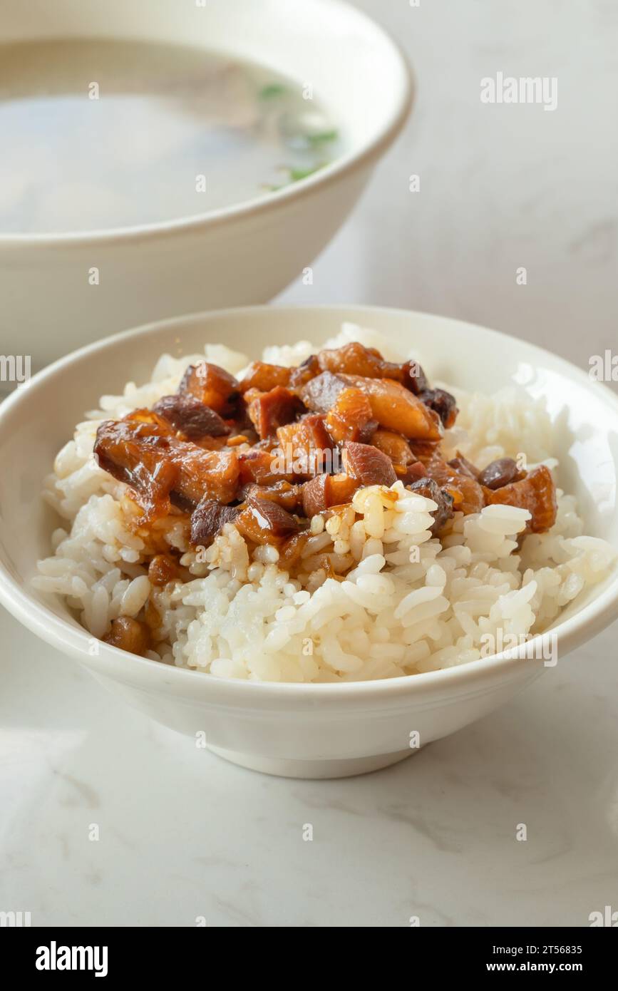 Braised meat rice, stewed pork over cooked rice in Taiwanese restaurant ...