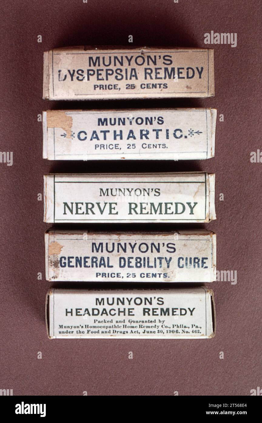 Boxes of Munyon's home remedies which date back to the 1890s. From a ...
