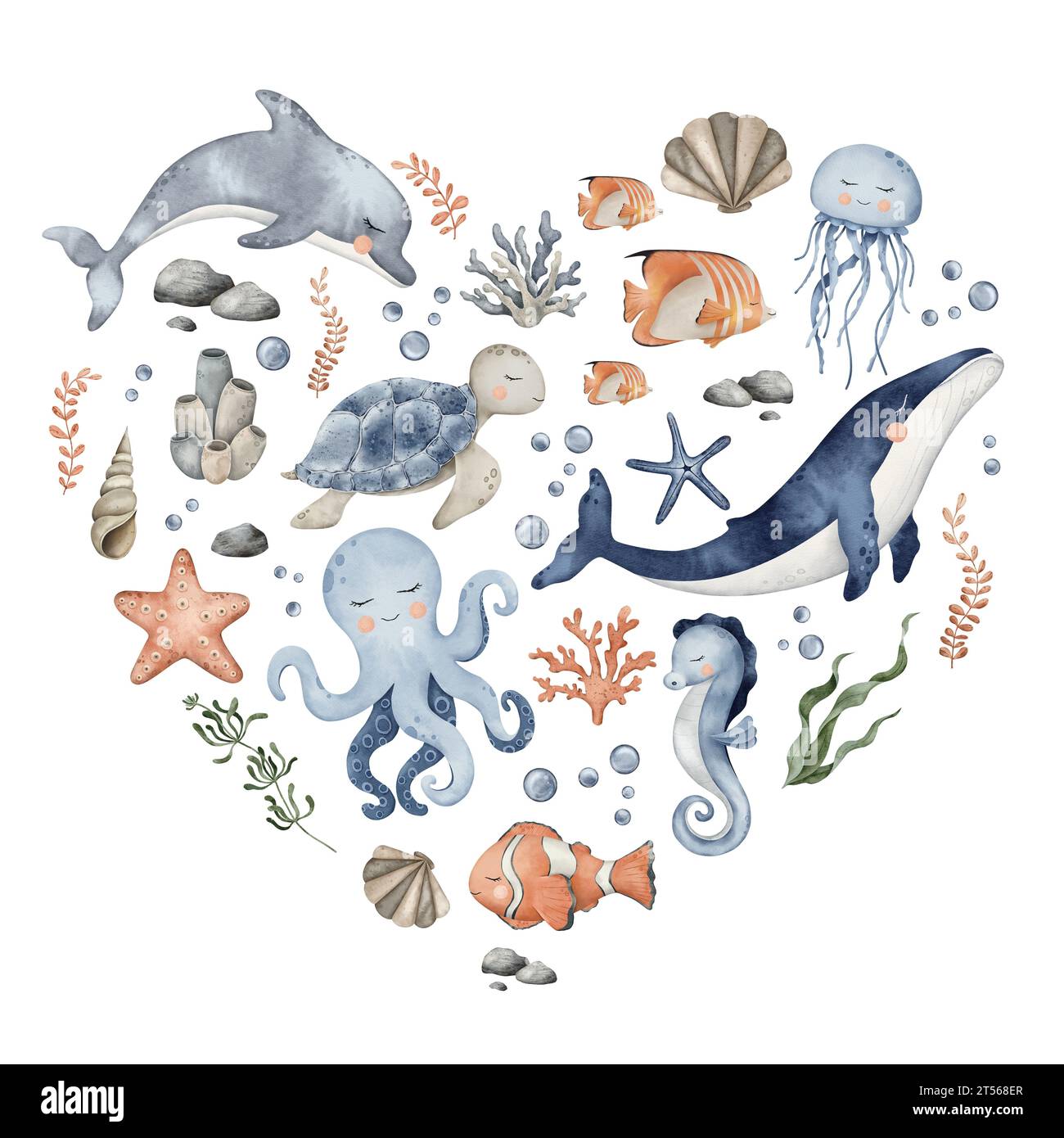 Underwater Animals heart design. Cute undersea composition in circle ...