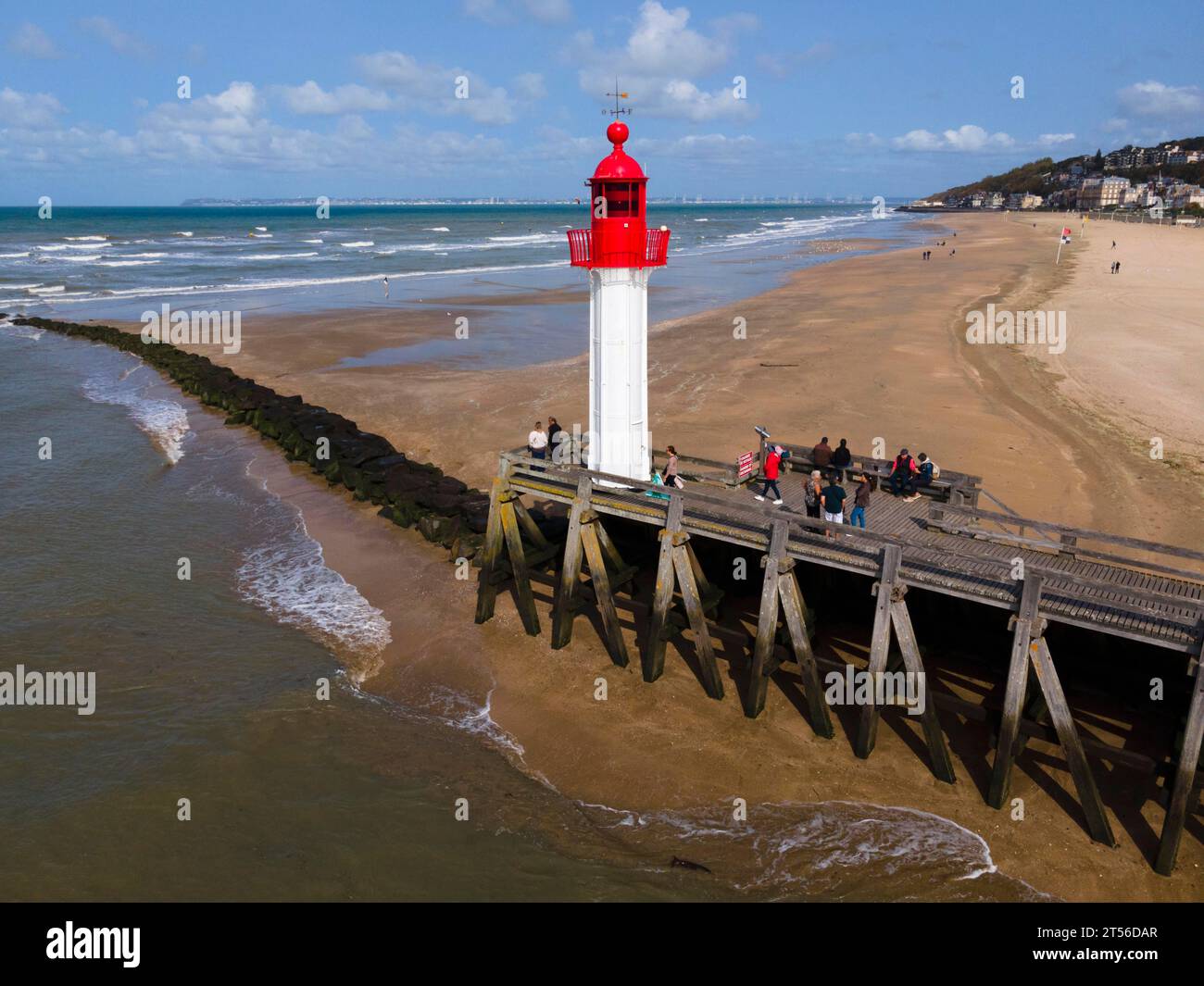 Aerial view, red lighthouse in Trouville-sur-Mer, Trouville, Touques ...