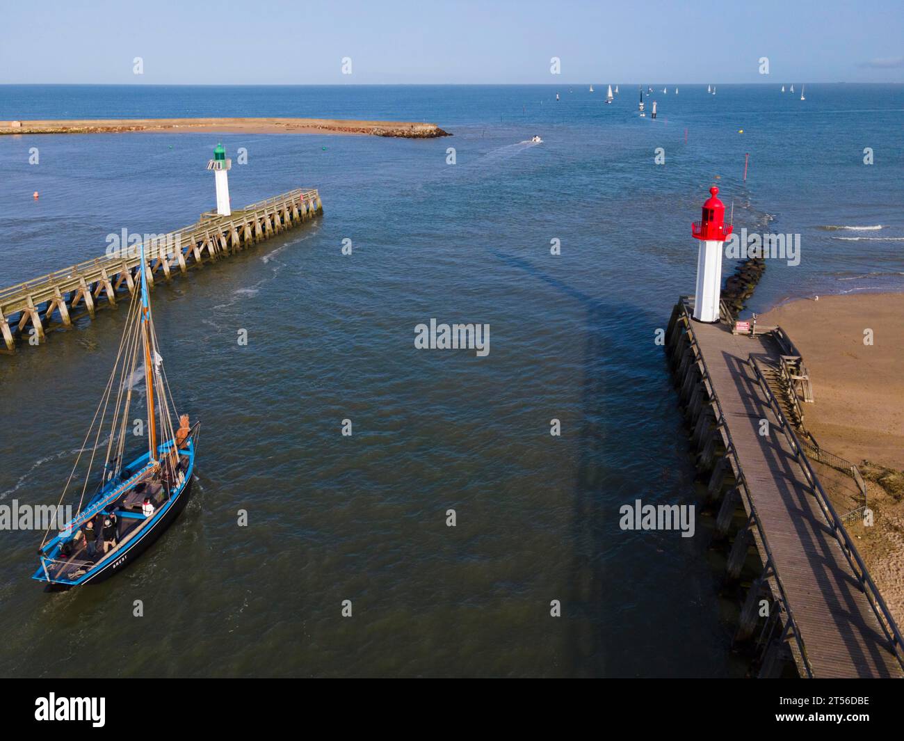 Aerial view, green lighthouse in Deauville and red one in Trouville-sur ...
