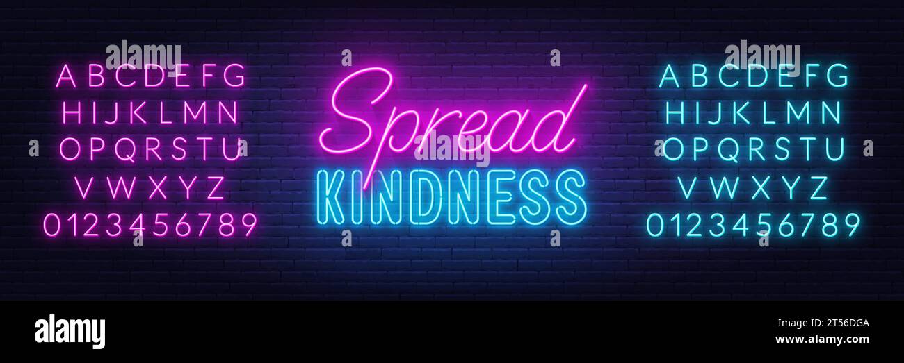 Spread Kindness neon lettering on brick wall background. Pink and blue ...