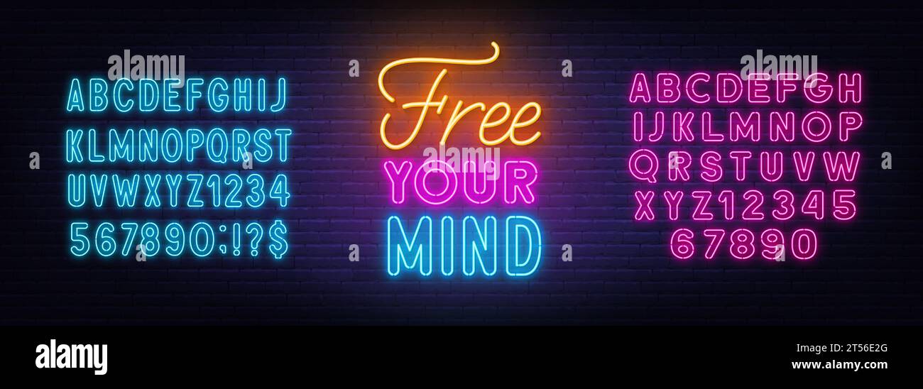 Free Your Mind neon lettering on brick wall background. Pink and blue ...