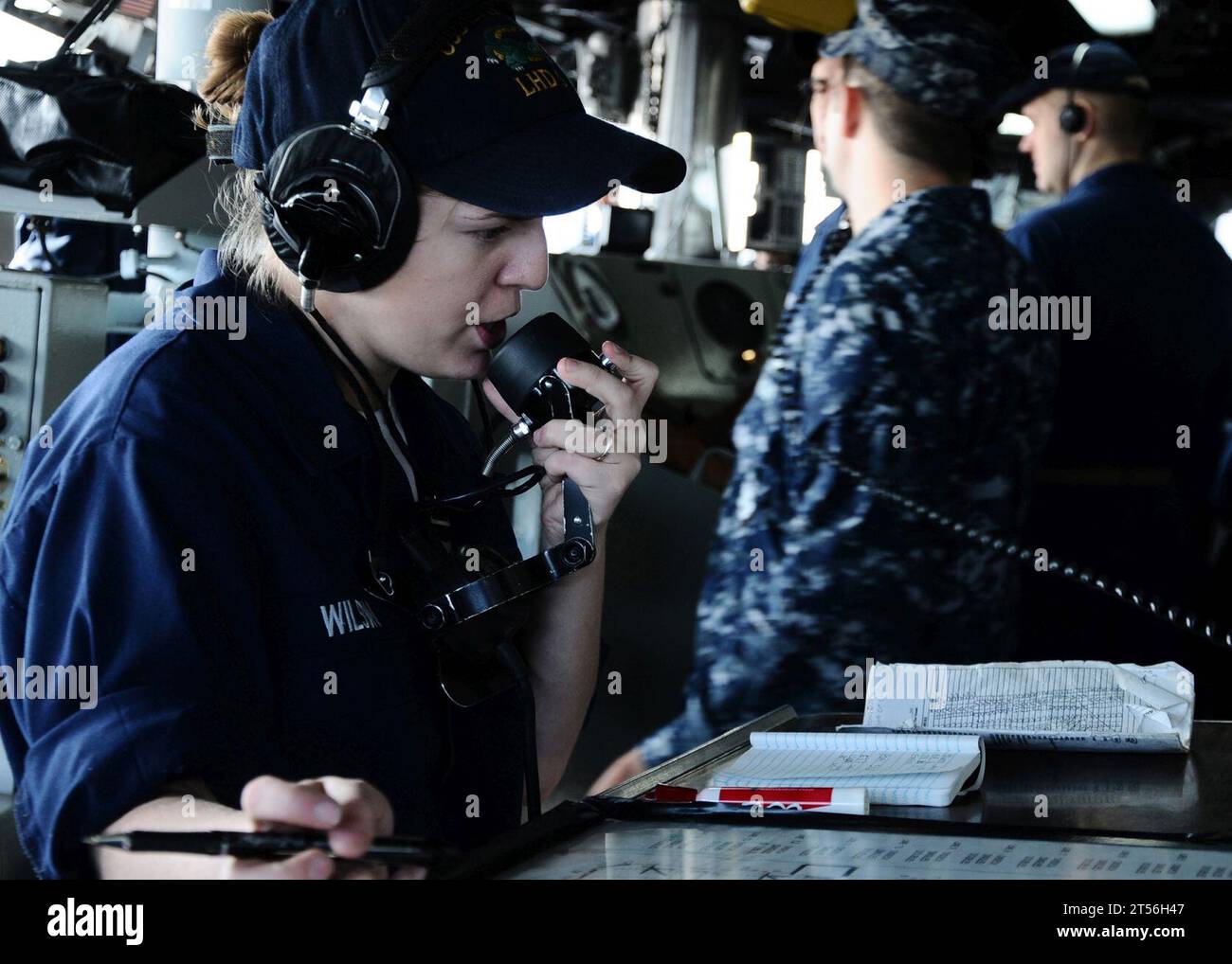 Sailors, sound-powered phones, U.S. Navy, USS Bataan (LHD 5 Stock Photo ...