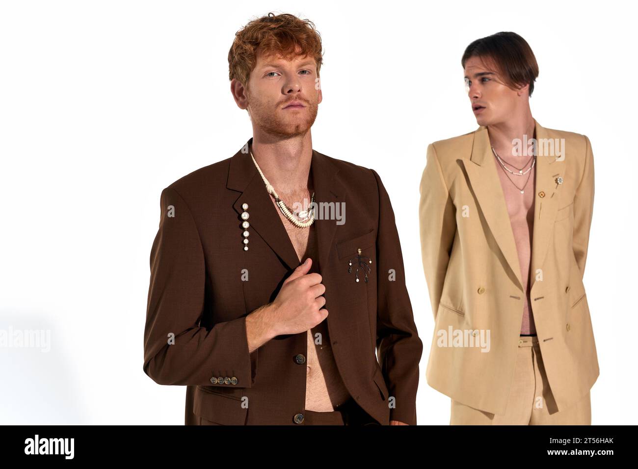 two handsome stylish men in elegant attires with accessories posing on ...