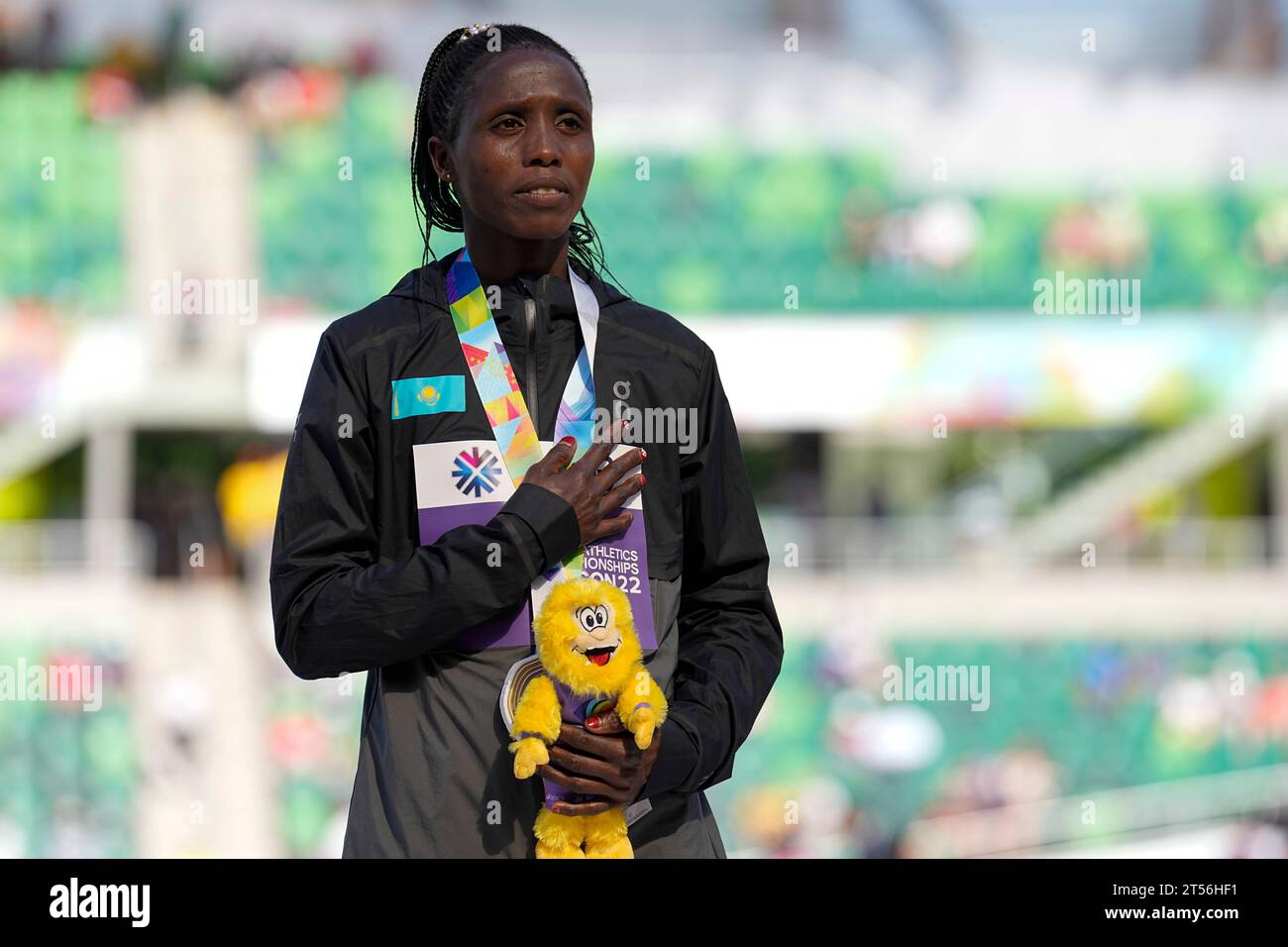 FILE - Gold medalist Norah Jeruto, of Kazakhstan, poses during a medal ...