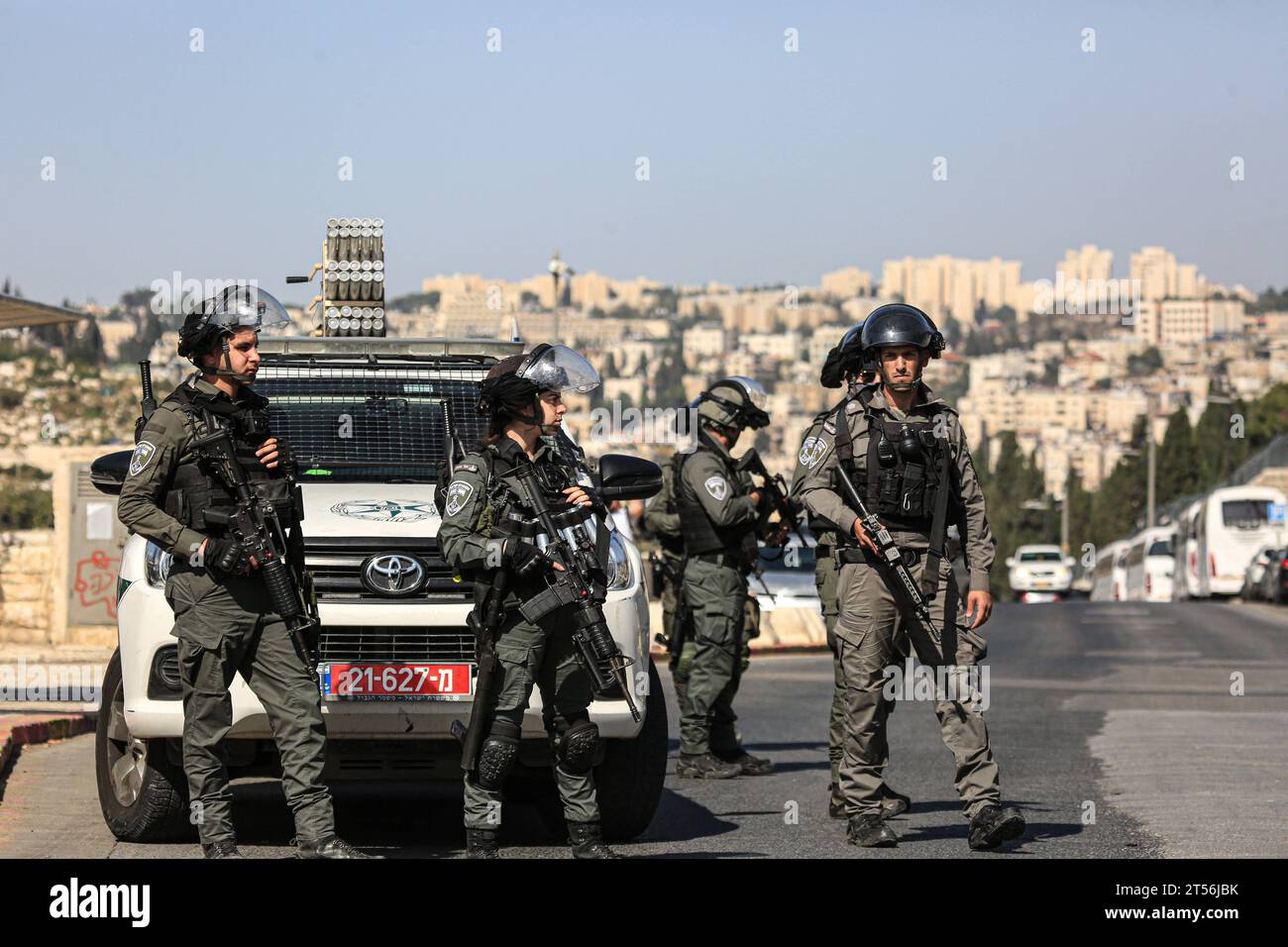 Ras al-Amud, Jerusalem. November 3, 2023. Israeli security stand guard ...