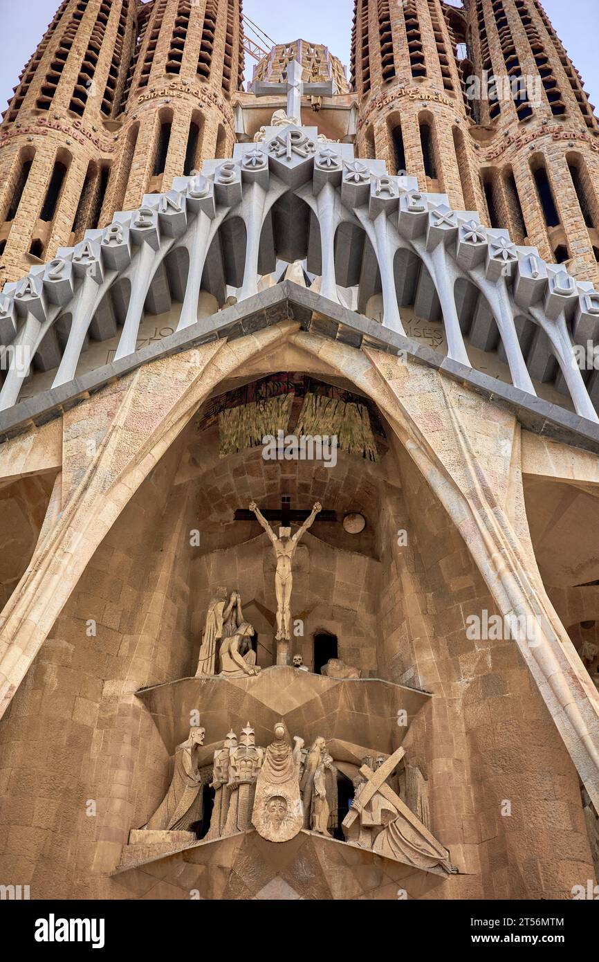 The exterior of the Passion Facade of the Sagrada Familia in Barcelona ...