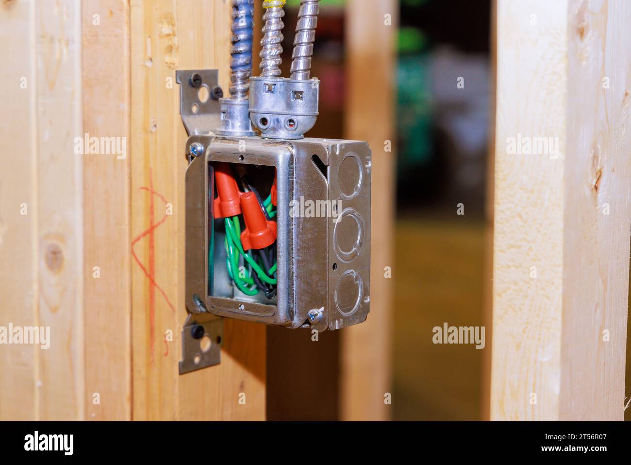 Electrical metal socket box wiring cable inside interior walls of under ...