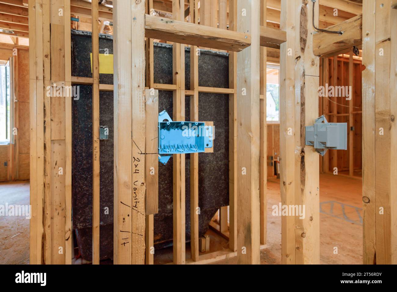Wiring in new home under construction interior view of a electrical box ...