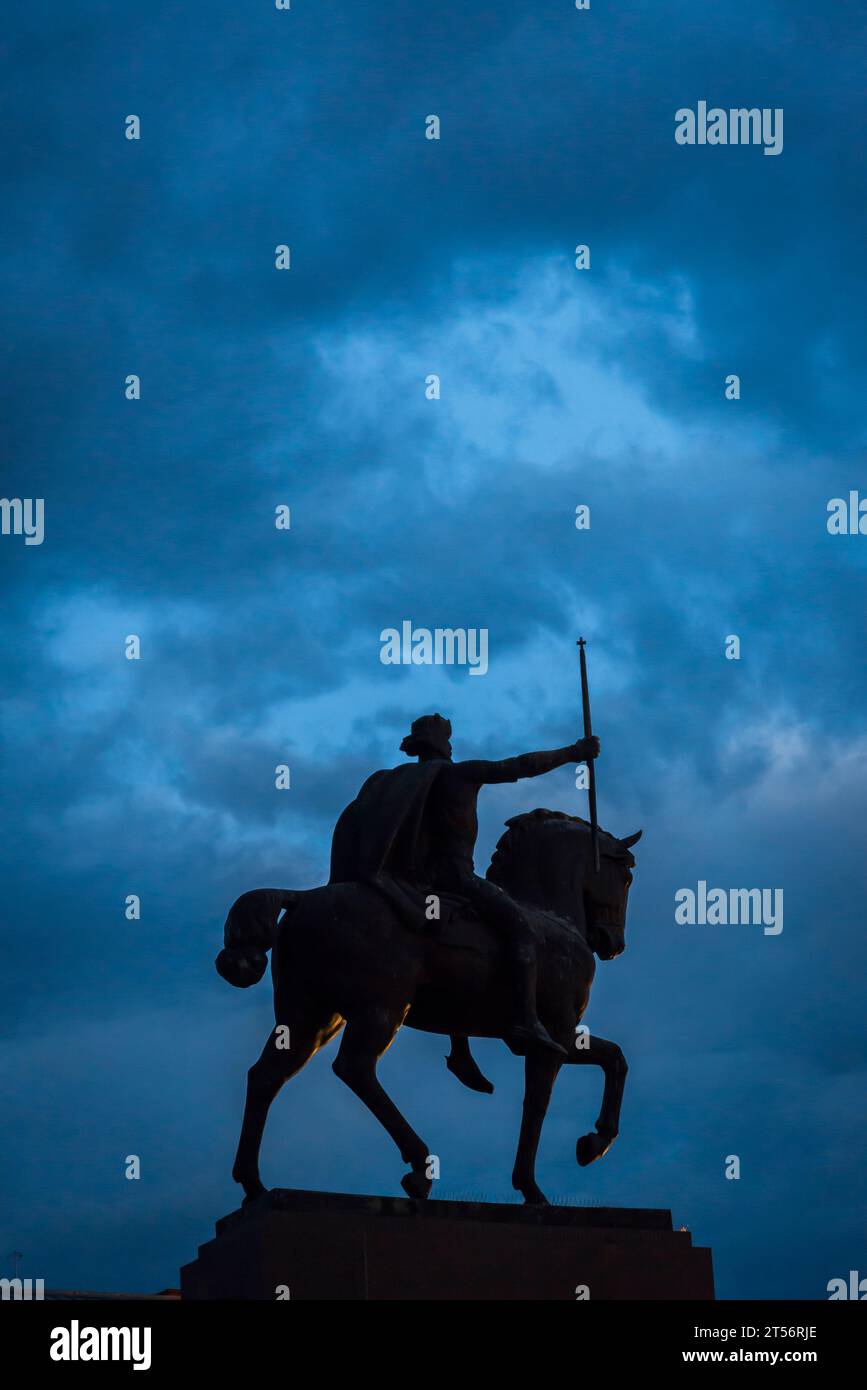 Statue of King Tomislav against dark, moody sky at the Square of King ...