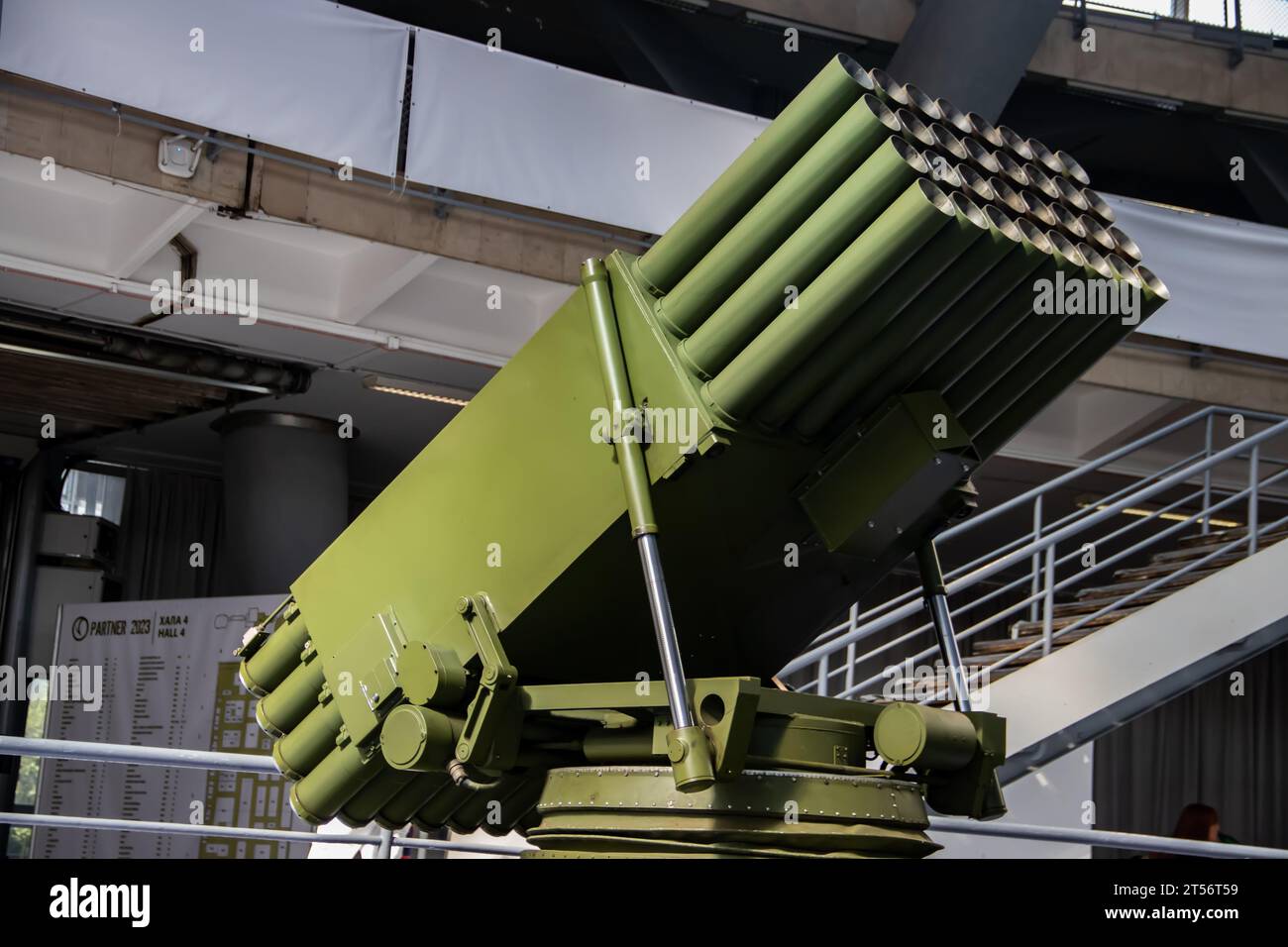 Multi-barrel rocket launcher (MRL) or multiple launch rocket system (MLRS) with32 launch tubes ...
