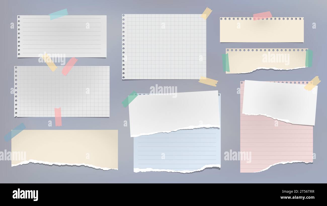 Set of torn white, colorful note, notebook paper pieces stuck on dark ...