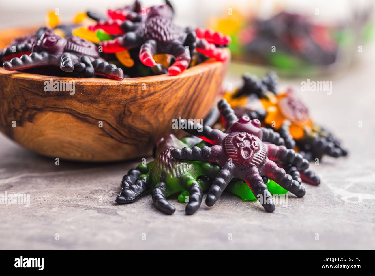 Scary sweet jelly spiders. Halloween candies on the kitchen table Stock ...