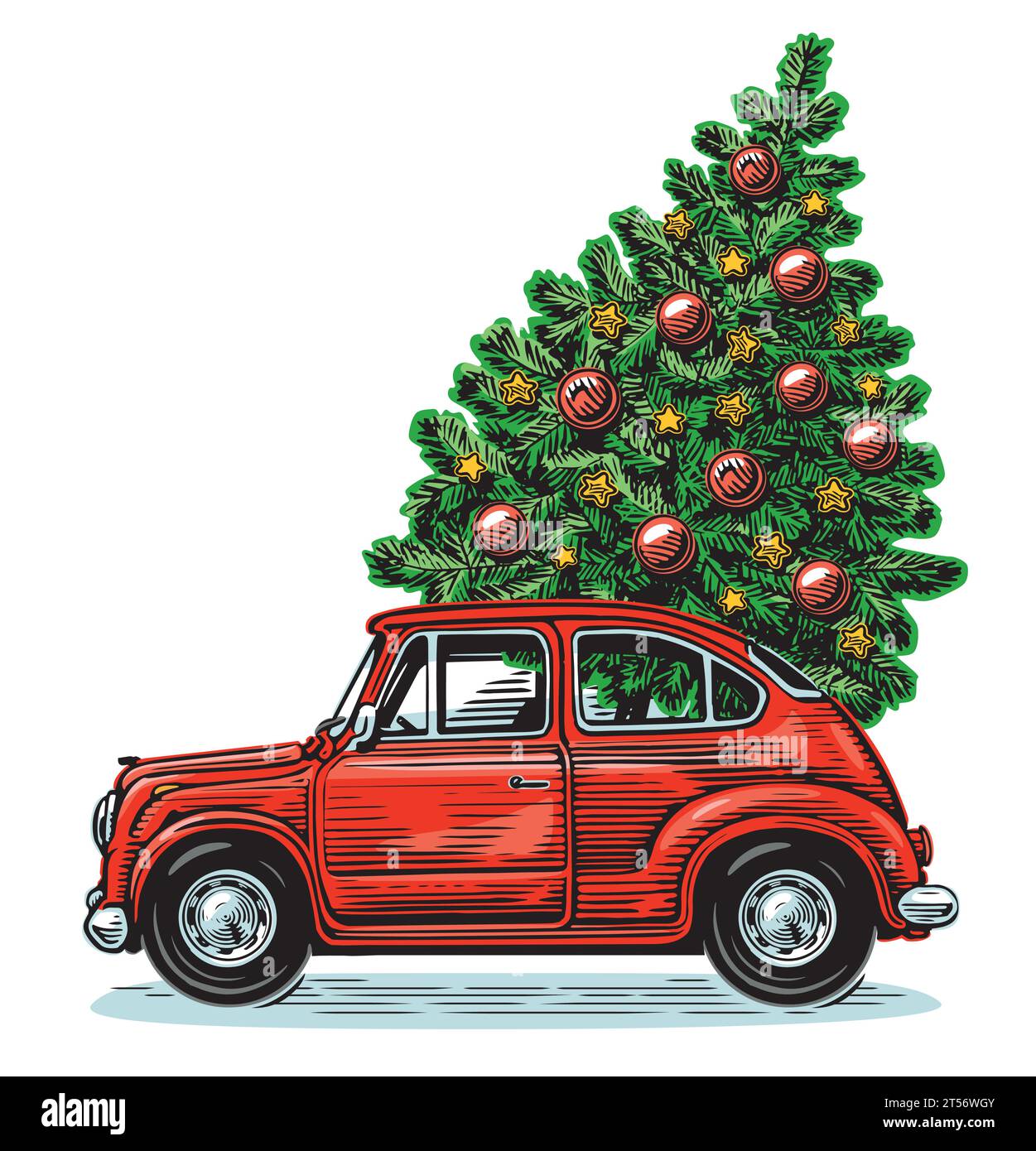 Retro red car and fir tree decorated with Christmas decorations. Happy ...