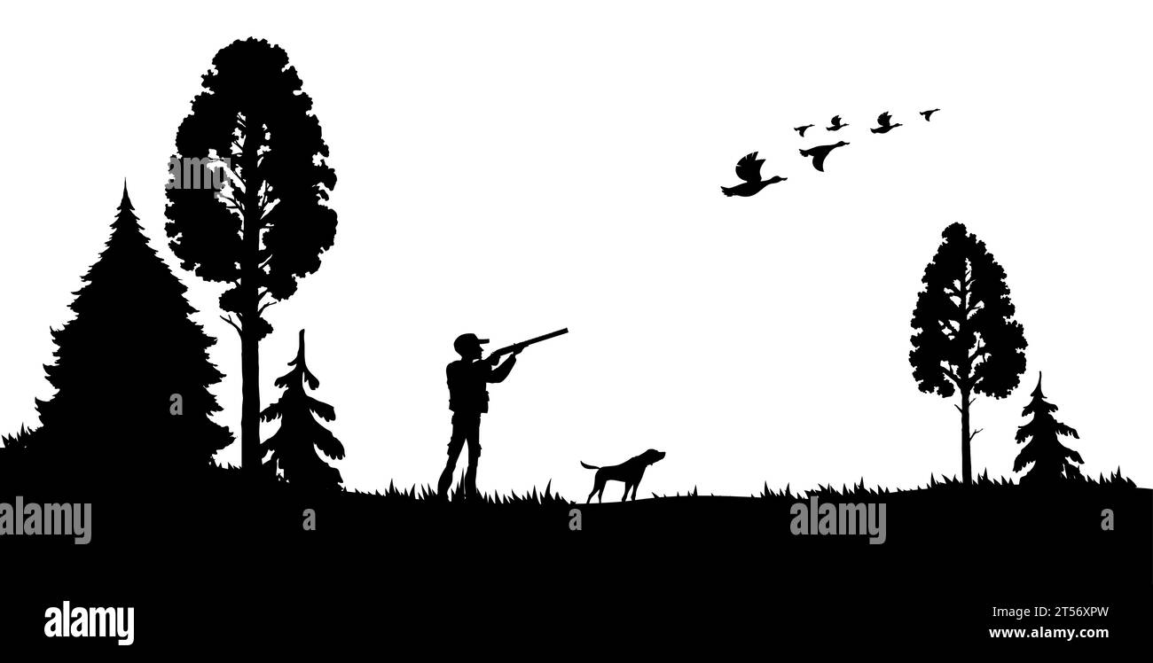 Hunting silhouette. Hunter with shotgun, dog and duck flock. Forest ...