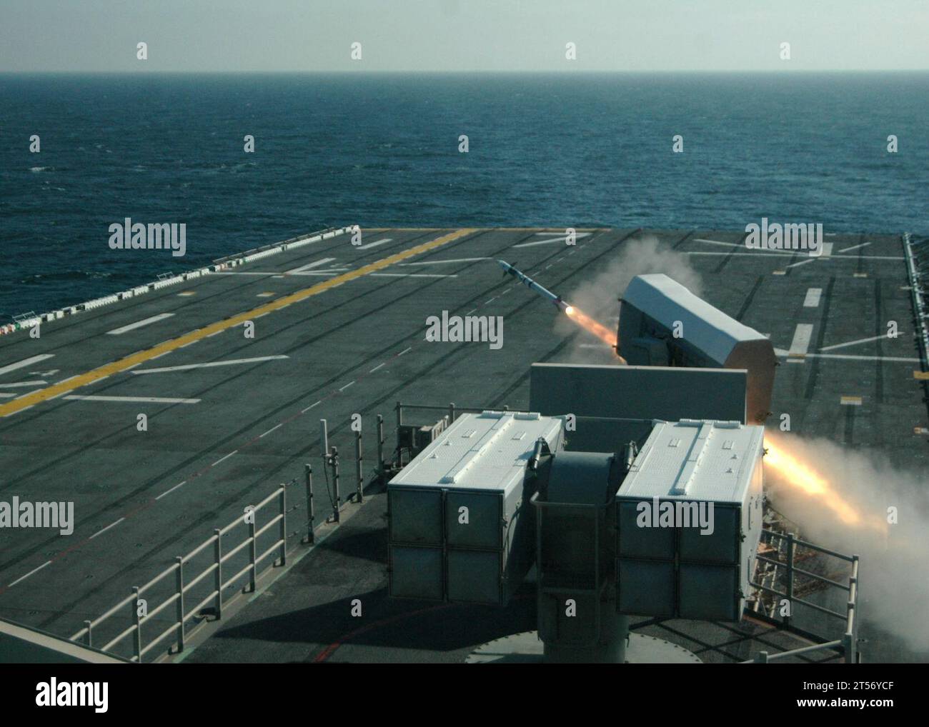 US Navy A RIM 116 surface intercept missile launches from a rolling ...