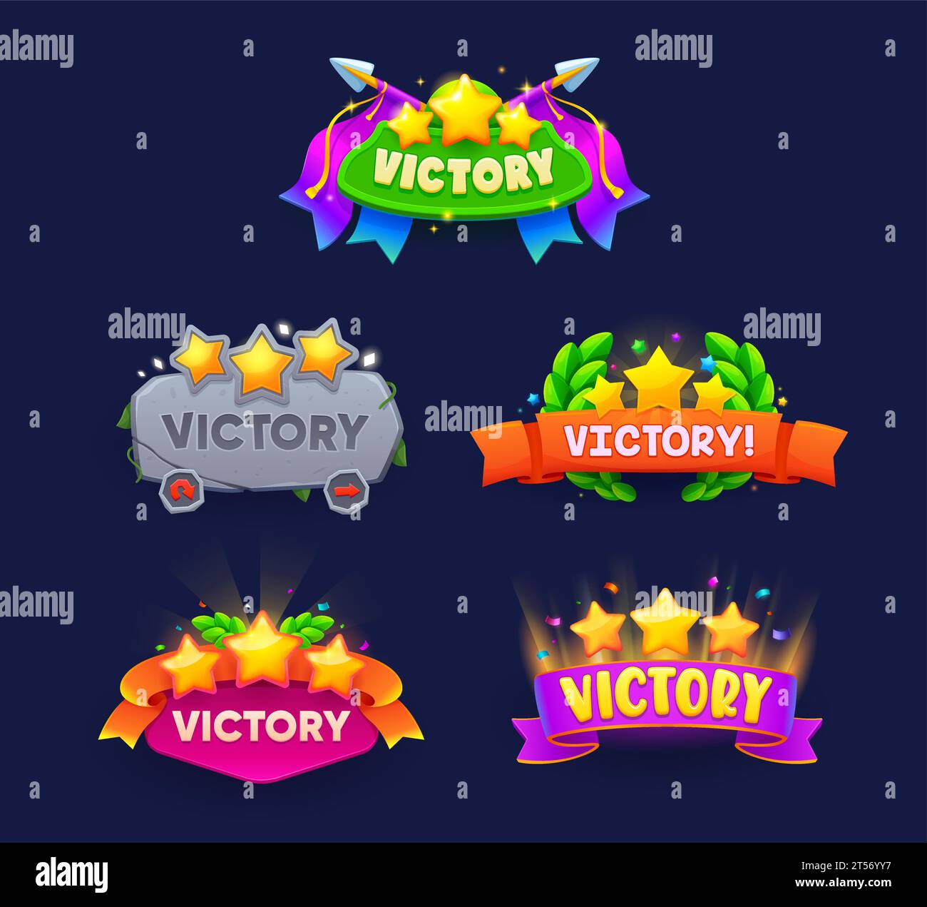 Game victory signs, banners or popup windows, vector ui or gui assets. Cartoon winner awards ...