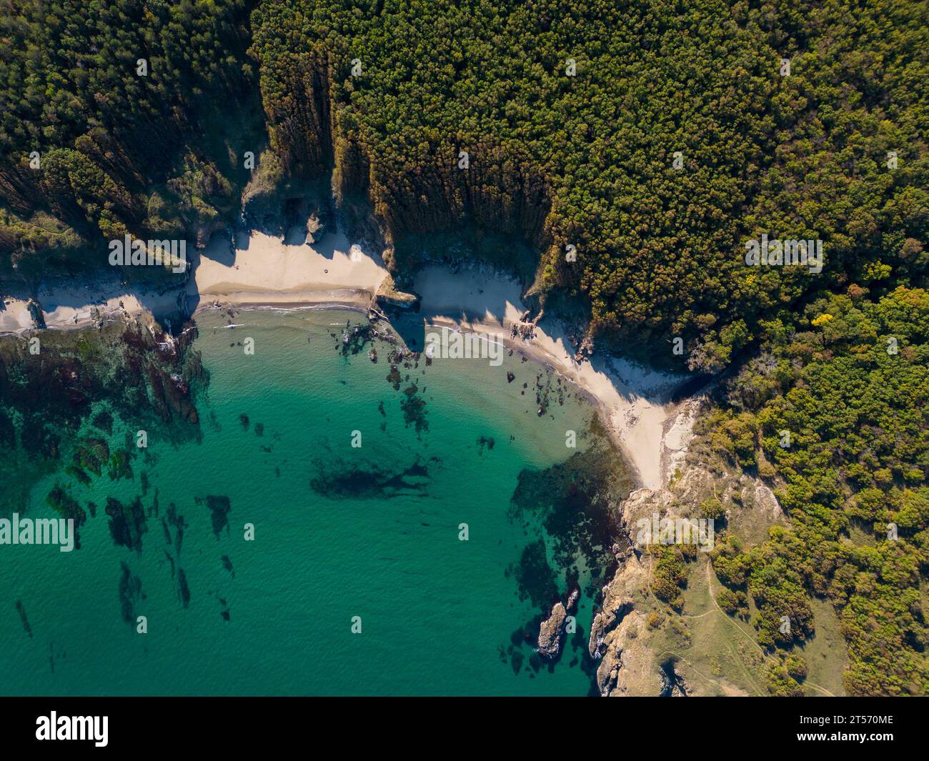 Aerial view of the rocky, wild coast of the Black Sea in Bulgaria, with ...